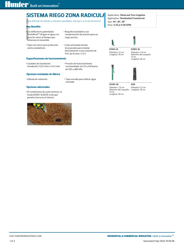 Hunter Industries - Sistema Riego Zona Radicular Rzws - 2020-04-29 | PDF