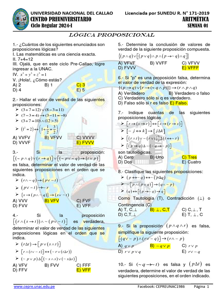 Exámenes y Proposiciones Lógicas UNAC 2024 | PDF | Proposición | Verdad