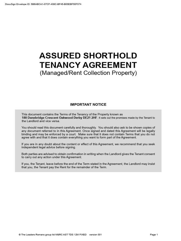 Assured Shorthold Tenancy Agreement: (Managed/Rent Collection Property ...