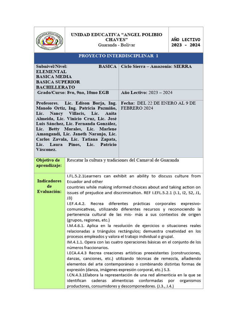 Modelo de Proyecto Interdisciplinar | PDF