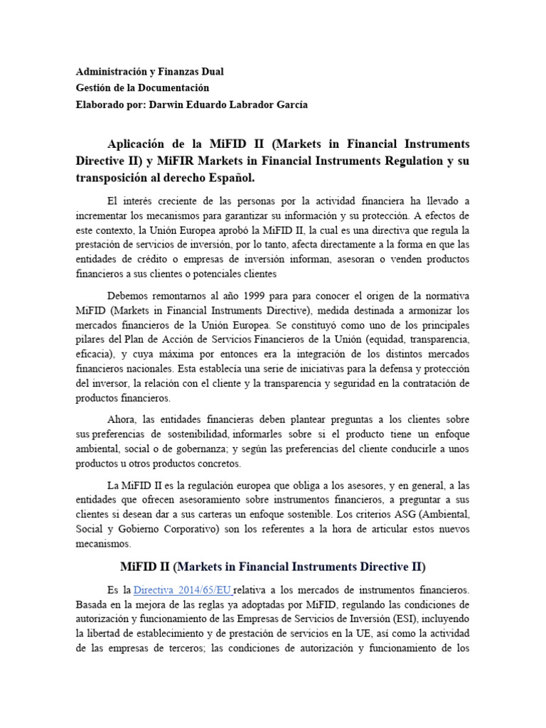 Actividad de Directiva de La UE. Markets in Financial Instruments ...
