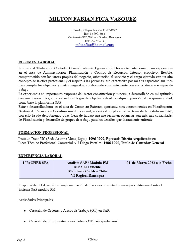 CV Milton Fica 04-2023 | Descargar gratis PDF | Minería | Business