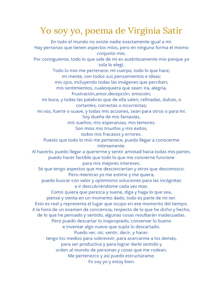 Yo Soy Yo, Poema de Virginia Satir PDF | PDF
