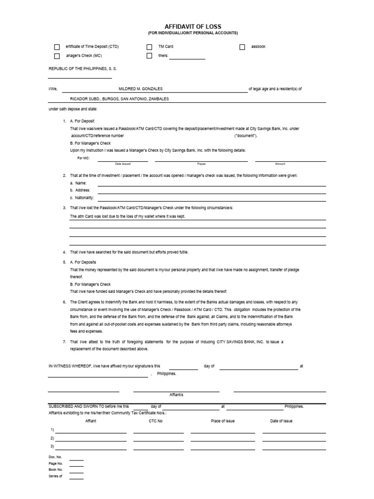 Affidavit of Loss for Bank Documents | PDF | Indemnity | Financial Services
