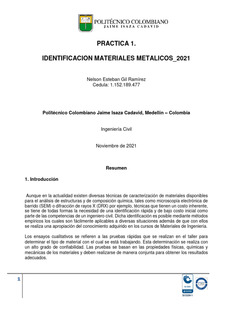 Practica 1. Identificacion Materiales Metalicos - 2021 V2 | PDF ...