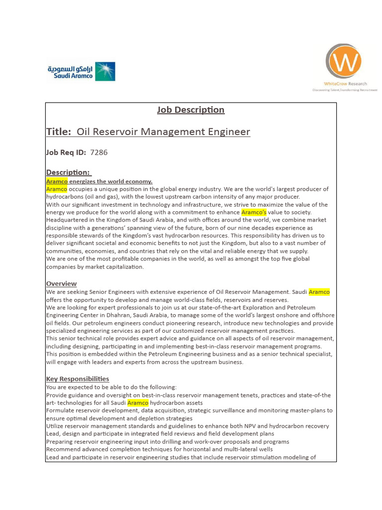 Oil Reservoir Management Engineer Role | PDF | Petroleum Reservoir ...