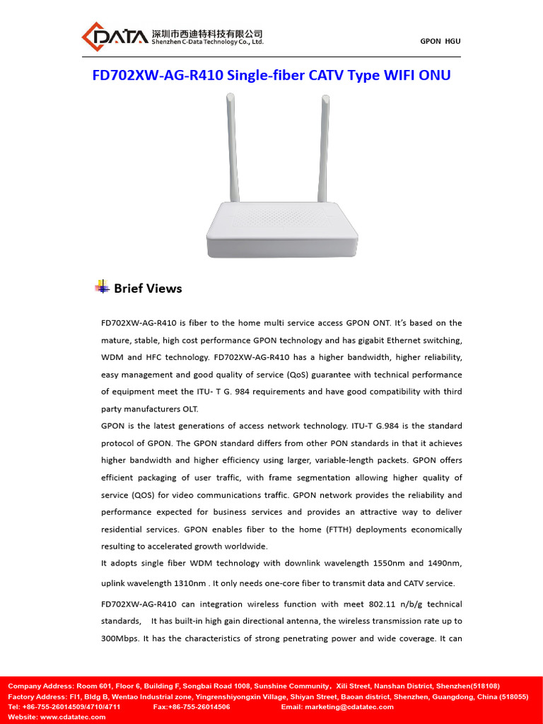 Ont Fd702xw-Ag-R410 | PDF | Fiber To The X | Electronics