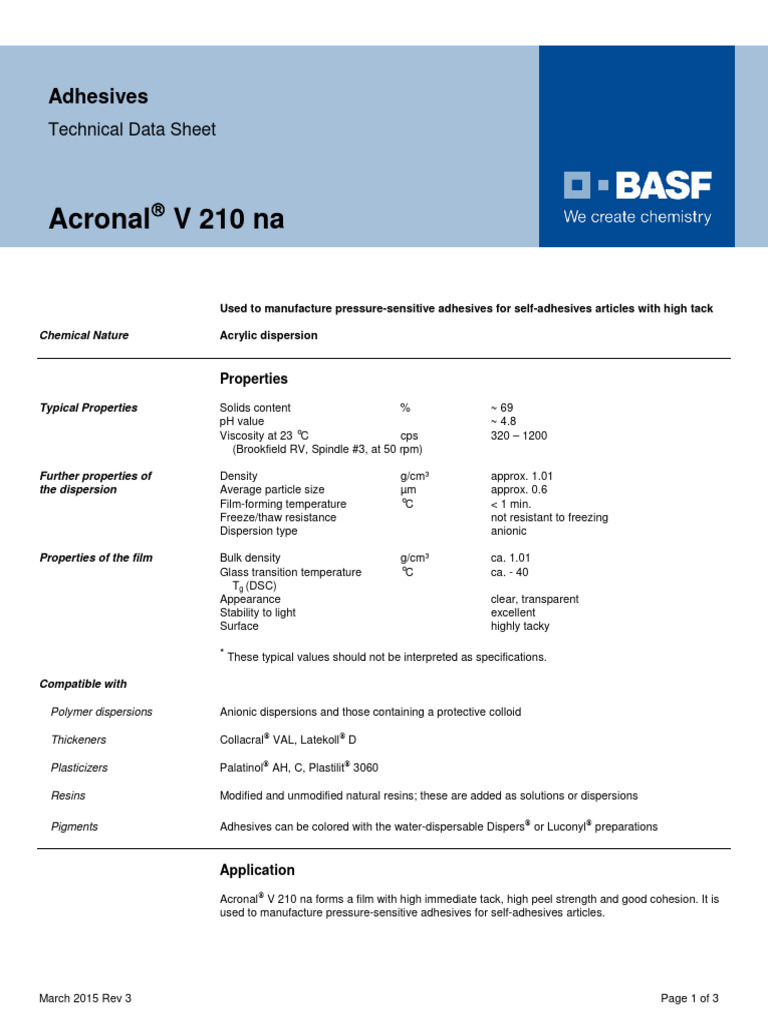 Acronal V210 Na Adhesives | PDF | Building Engineering | Industrial Processes