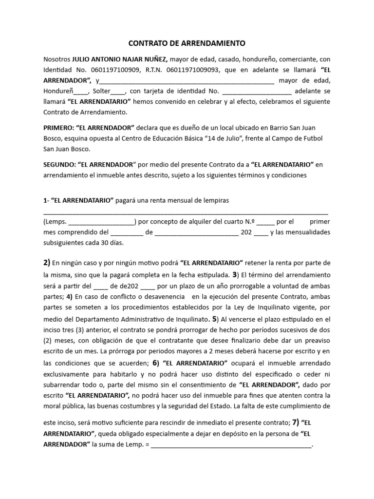 CONTRATO DE ARRENDAMIENTO Machote | PDF