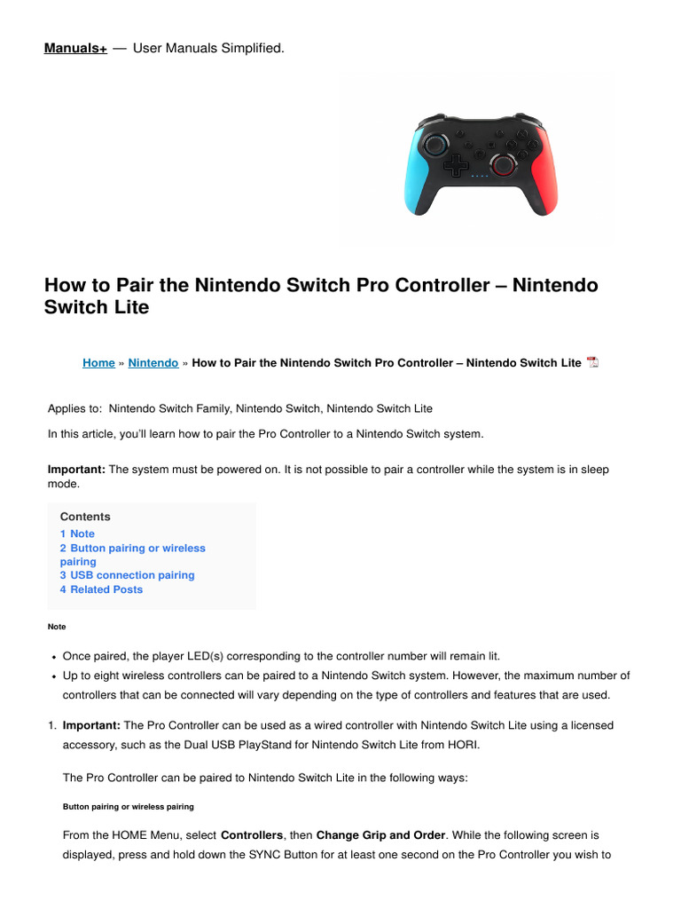 How To Pair The Nintendo Switch Pro Controller Nintendo Switch Lite | PDF