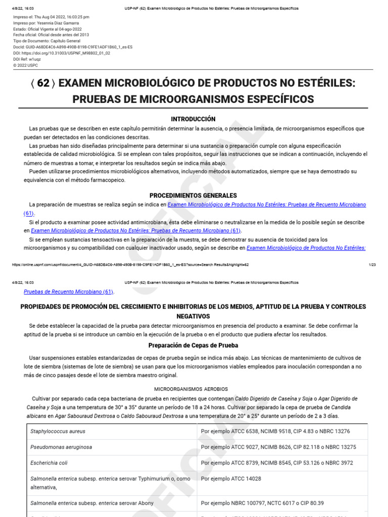 USP-NF 62 Examen Microbiológico de Productos No Estériles - Pruebas de Microorganismos ...