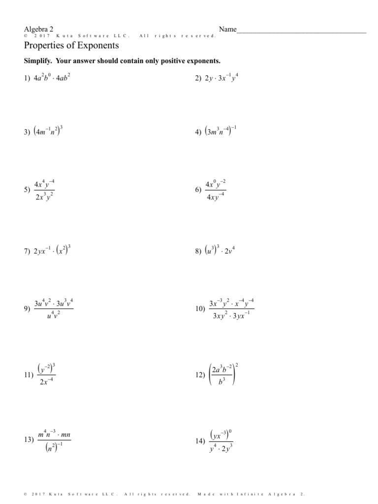 Infinite Algebra 2 - Properties of Exponents | PDF