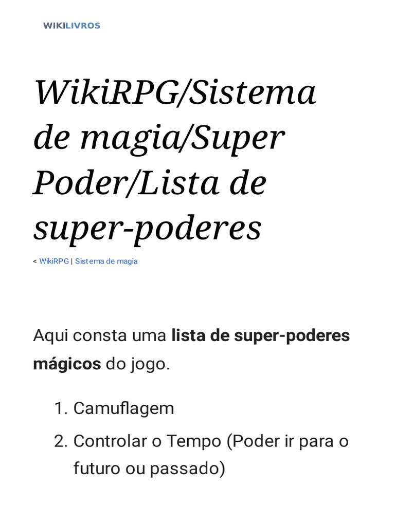 WikiRPG - Sistema de Magia - Super Poder - Lista de Super-Poderes - Wikilivros | PDF