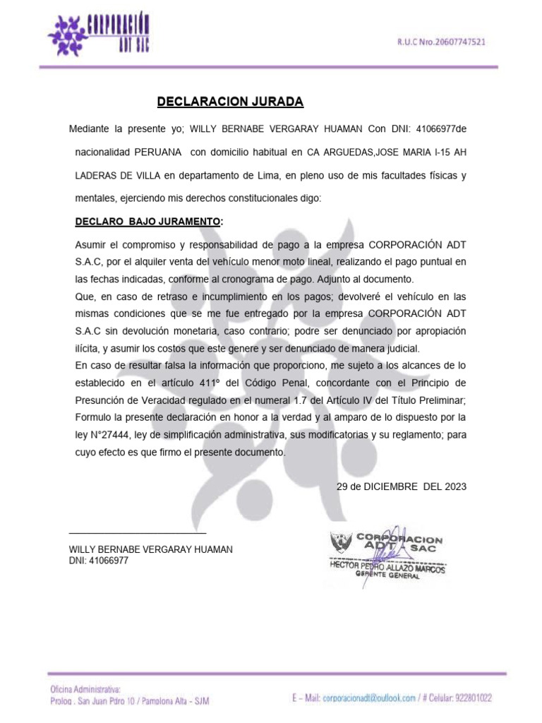 Declaracion - Jurada de Comproniso Willy Bernabe Vergaray Huaman | PDF