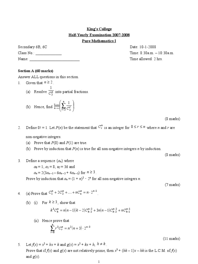 2007 2008S6HyearlyPmath 1 | PDF | Number Theory | Abstract Algebra