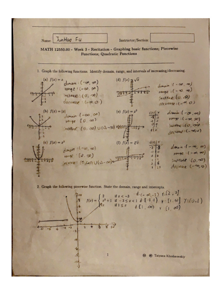 MATH 12550.00 - Week 3 - Recitation Graphing Basic Functions Piecewise ...