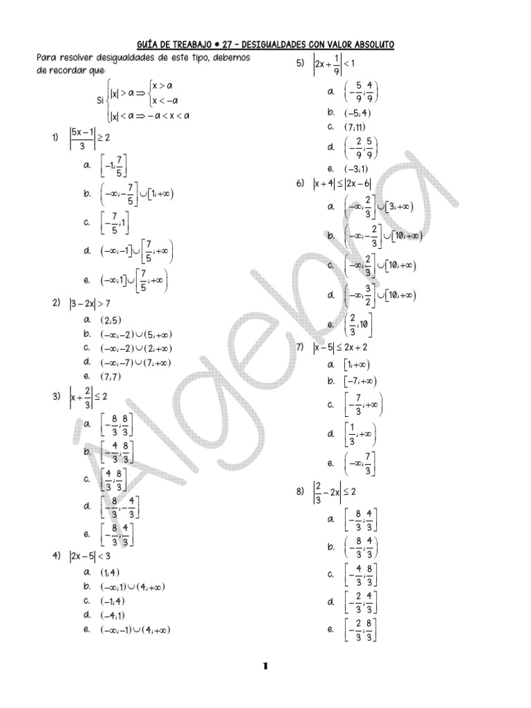 Desigualdades con Valor Absoluto: Guía 27 | PDF
