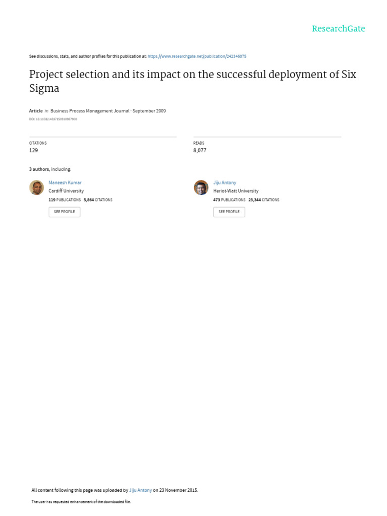 2009 Kumar Project Selection and Its Impact On The Successful Deployment of Six Sigma | Download ...