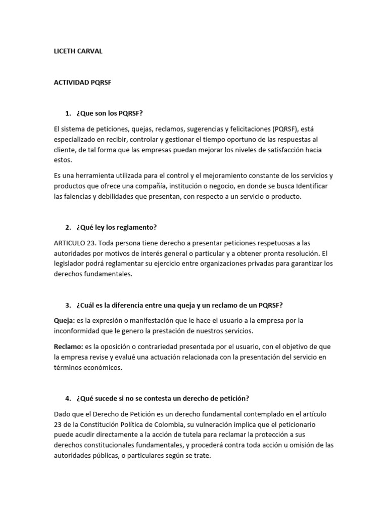 Actividad Del Formato de Pqrsf... | Descargar gratis PDF | Petición ...