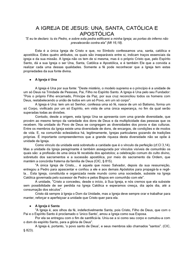 A Igreja De Jesus Una Santa Católica E Apostólica Pdf Igreja