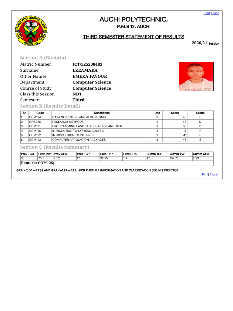 Third Semester Results Auchi Polytechnic Pdf