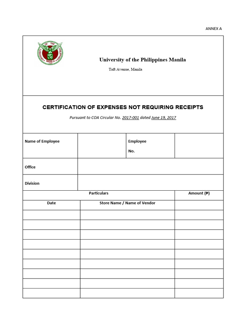 Template - Certificate of Expenses Not Requiring Receipts - Supplies ...