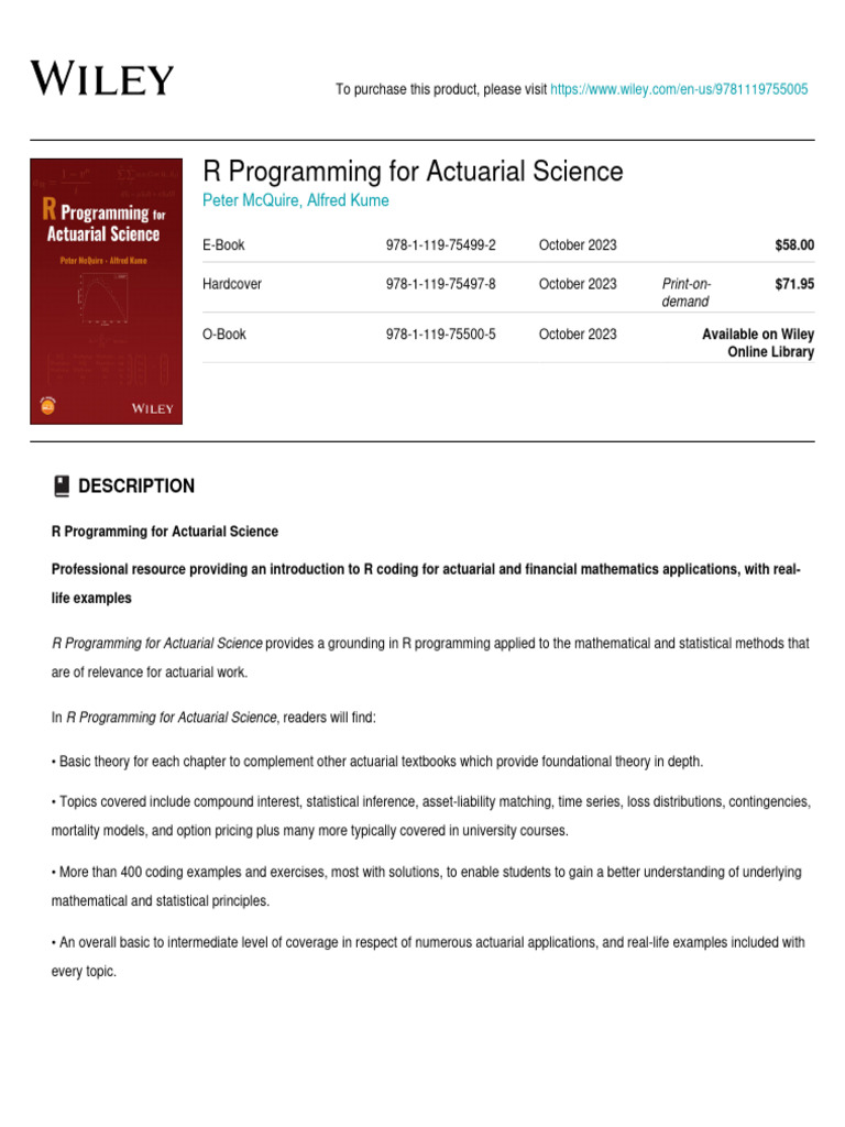 Wiley - R Programming For Actuarial Science - 978-1-119-75500-5 | PDF | Actuarial Science | Science