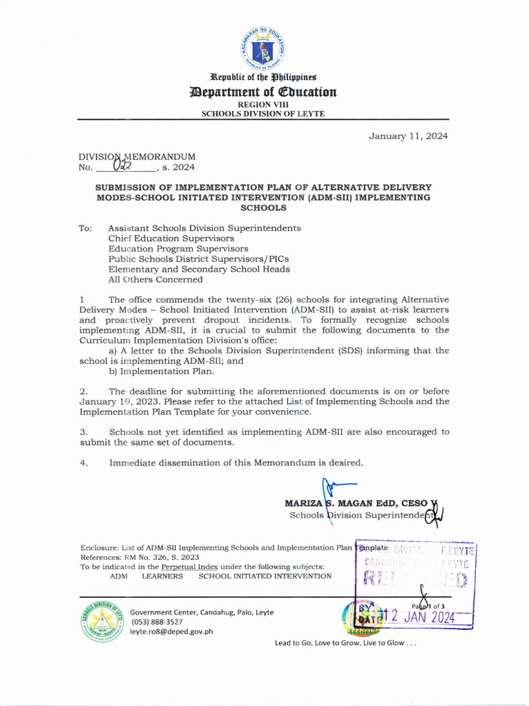 DM No. 022, S. 2024 Submission of Implementation Plan of Alternative Delivery Modes-School ...