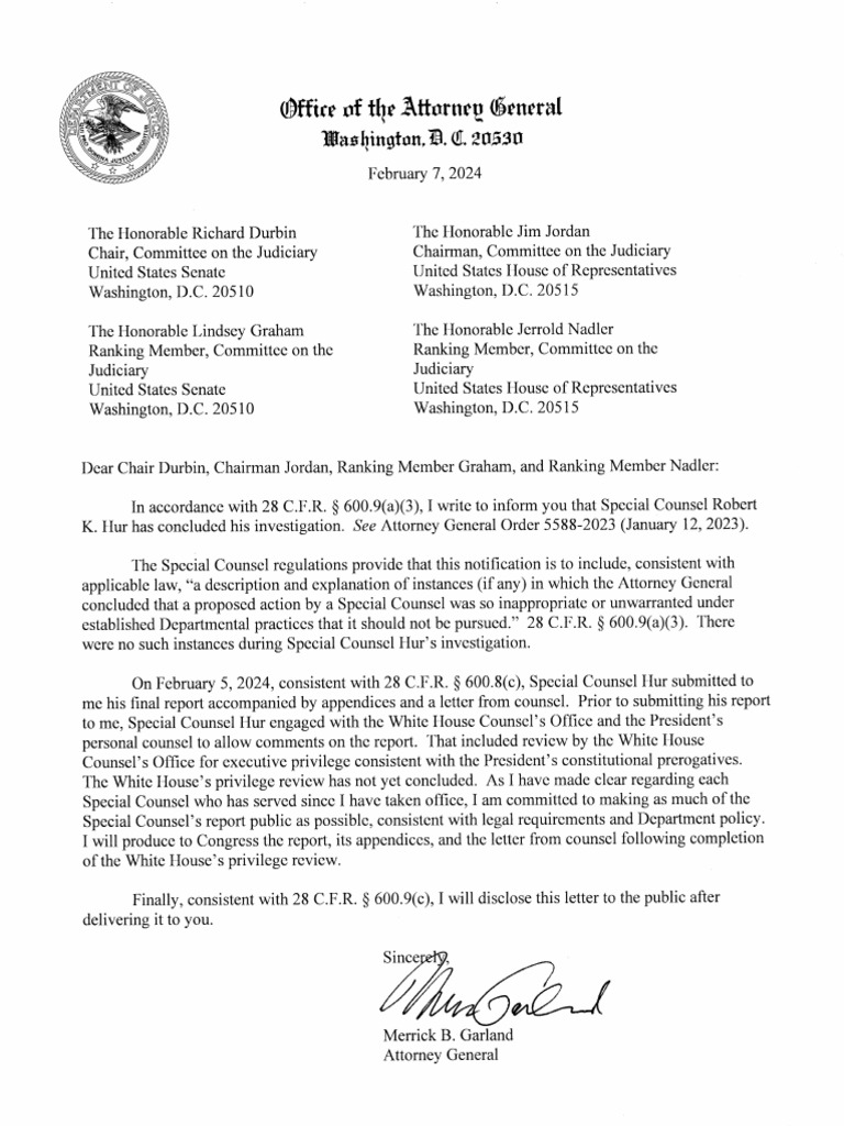Attorney General Letter To Chair Durbin, Chairman Jordan, Ranking ...