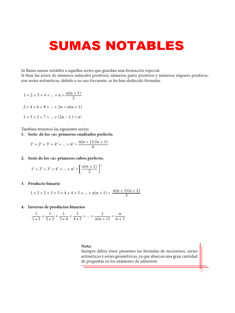 Fórmulas de Sumas Notables y Ejercicios | PDF | Multiplicación ...