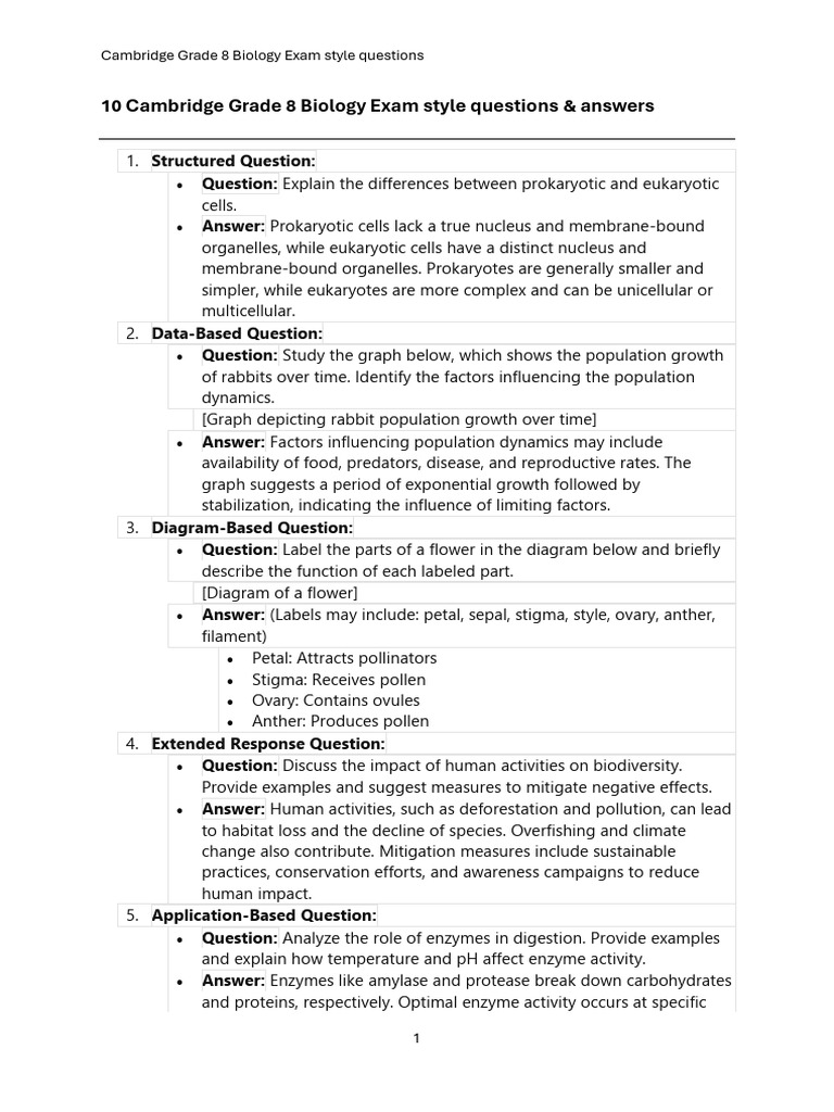 10 Cambridge Grade 8 Biology Exam Style Questions and Answers | PDF ...