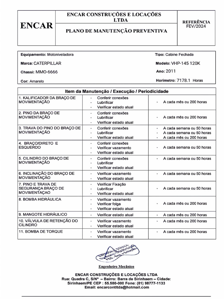 Plano de Manutenção Motoniveladora - Encar | PDF