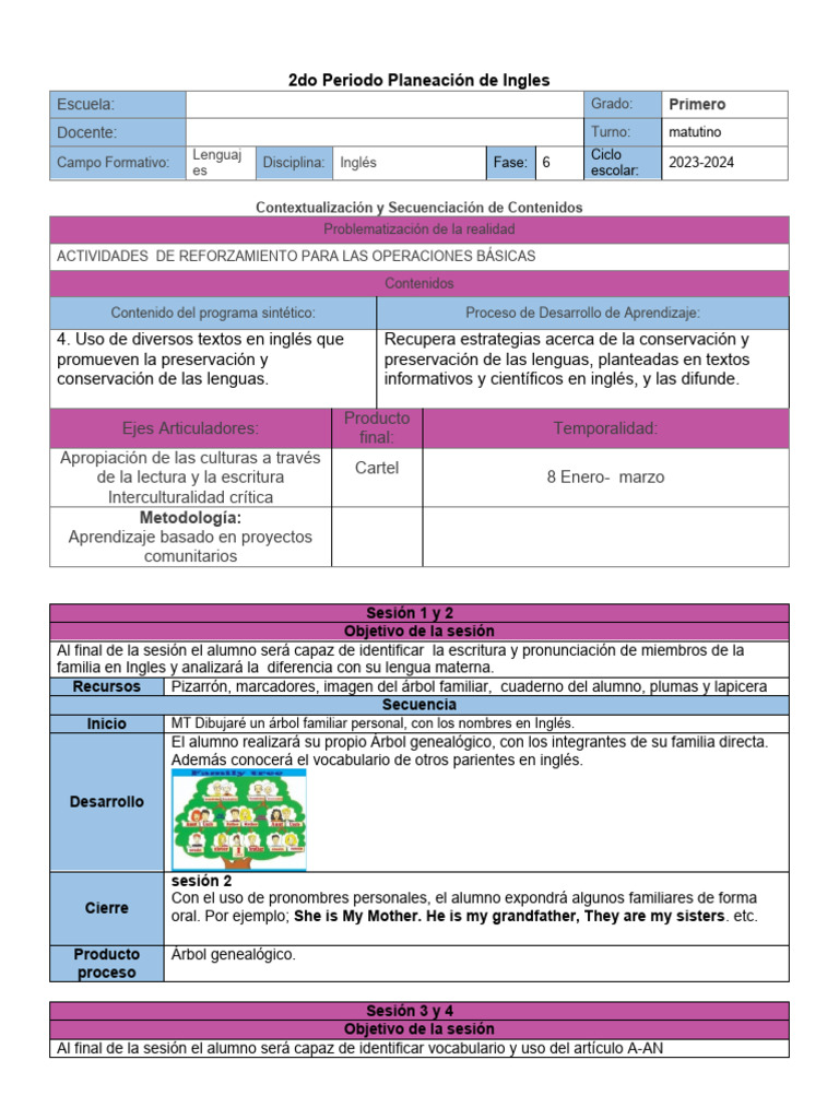 Planeación de Inglés para Primer y Segundo Grado | PDF | Verbo | Pronombre