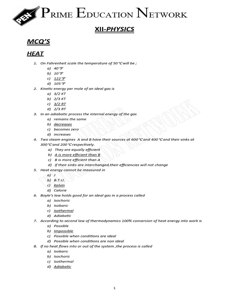 Physics MCQs on Heat and Thermodynamics | PDF | Capacitance | Electrical Resistance And Conductance