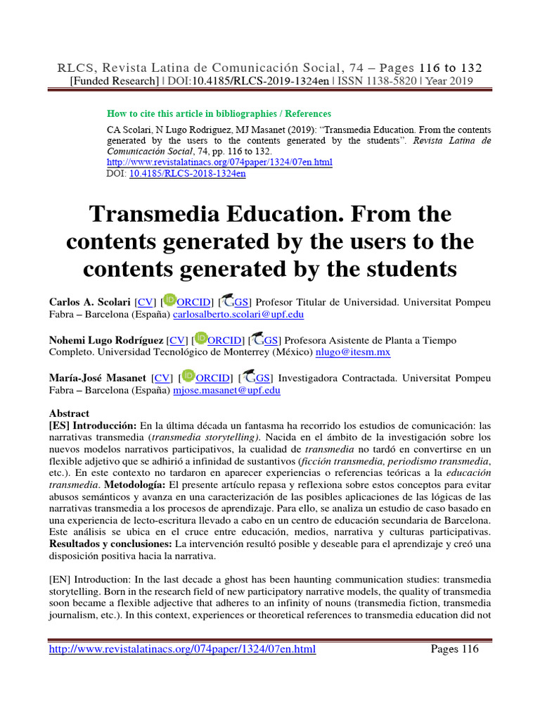 Transmedia Education. From The Contents Generated by The Users To The Contents Generated by The ...