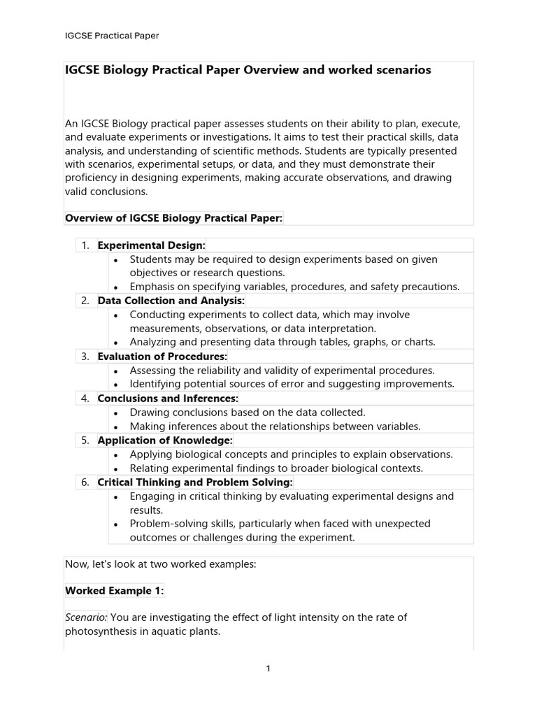 IGCSE Biology Practical Paper Overview and Worked Scenarios | PDF ...