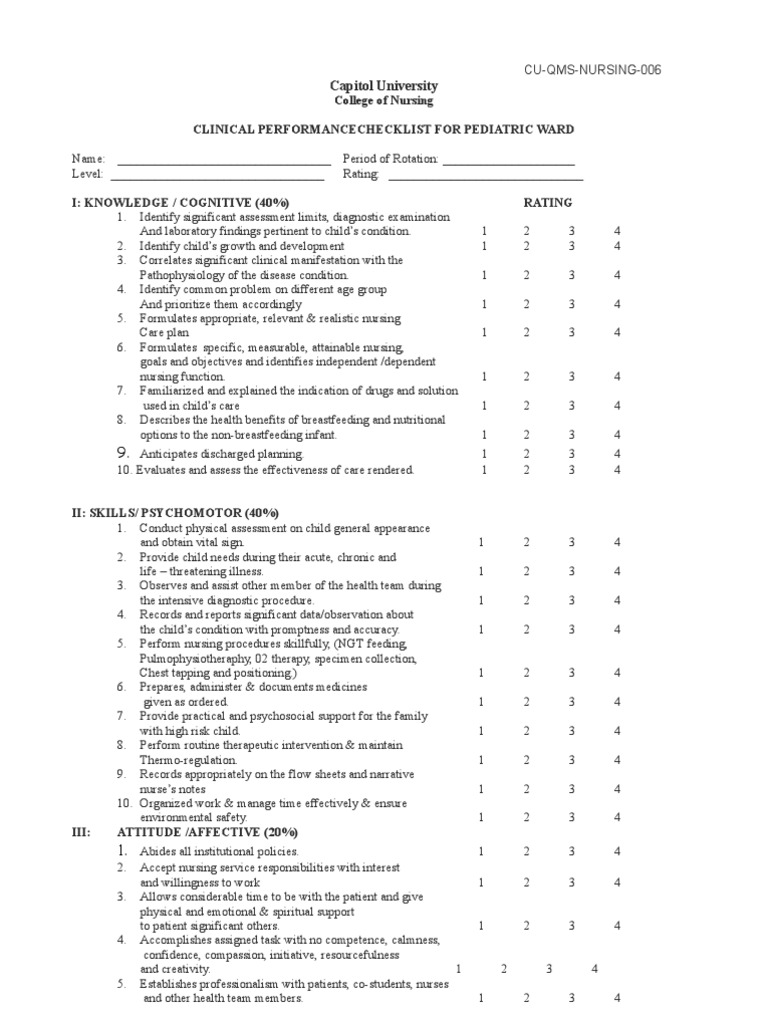 Prediatric Ward Checklist | Nursing | Behavioural Sciences