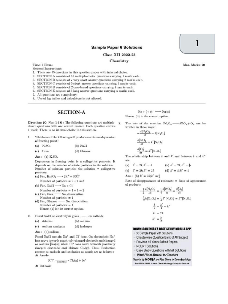 Solution of Sample Paper Number 6 Chemistry | PDF