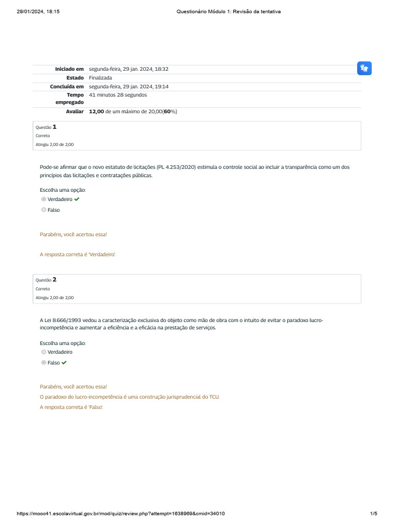 Questionário Módulo 1 - Revisão Da Tentativa | PDF