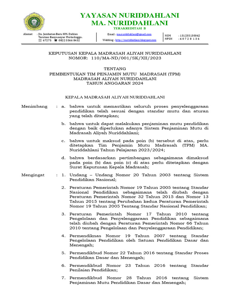 SK Tim Penjamin Mutu Madrasah (TPM) | PDF