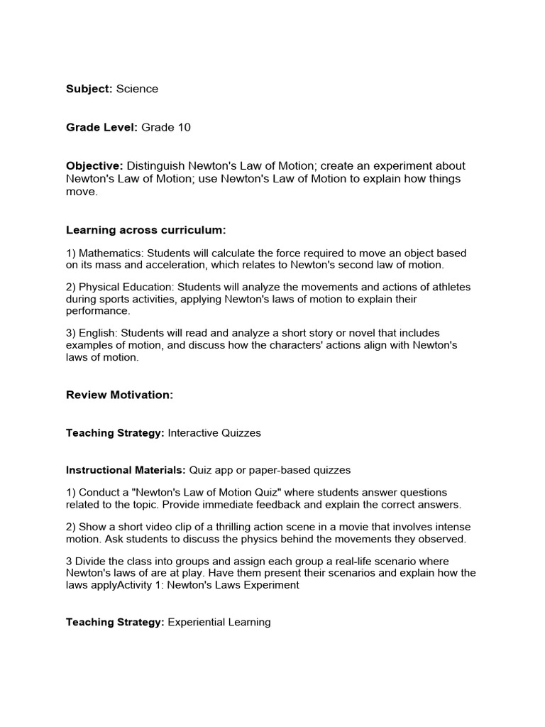 Lesson Plan | PDF | Force | Newton's Laws Of Motion