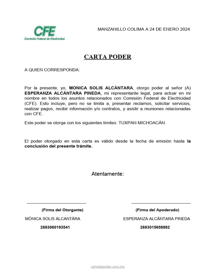 Carta Poder para Trámites CFE | PDF | Finanzas y dinero