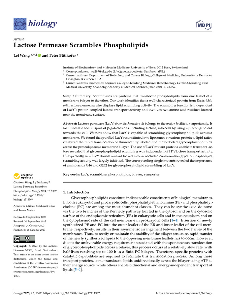 Lactose Permease Scrambles Phospholipids | PDF | Lipid Bilayer | Cell ...