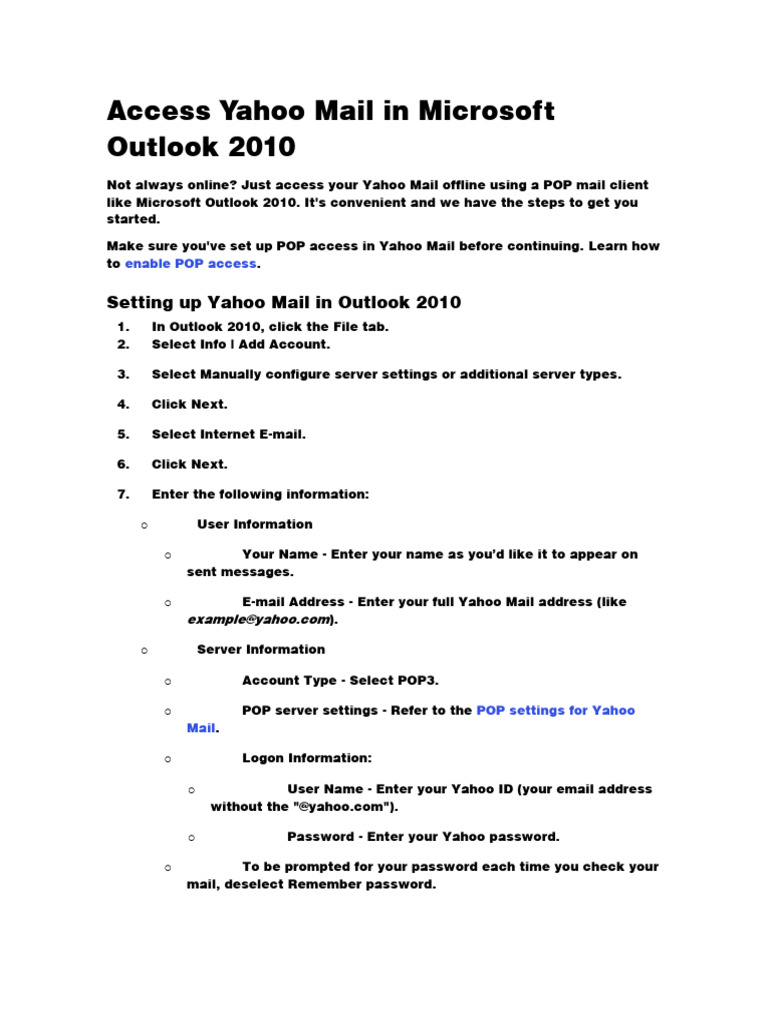 CONFIGURE Yahoo Mail in Microsoft Outlook 2010 | PDF | Microsoft ... CONFIGURE Yahoo Mail in Microsoft Outlook 2010 | PDF | Microsoft ...