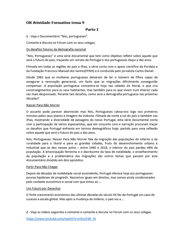 OR Atividade Formativa Tema 9 | PDF | Portugal | Planejamento familiar