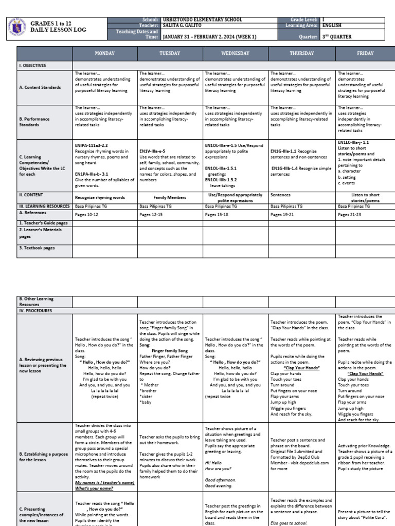 DLL - English 1 - Q3 - W1 | PDF | Learning | Literacy DLL - English 1 - Q3 - W1 | PDF | Learning | Literacy