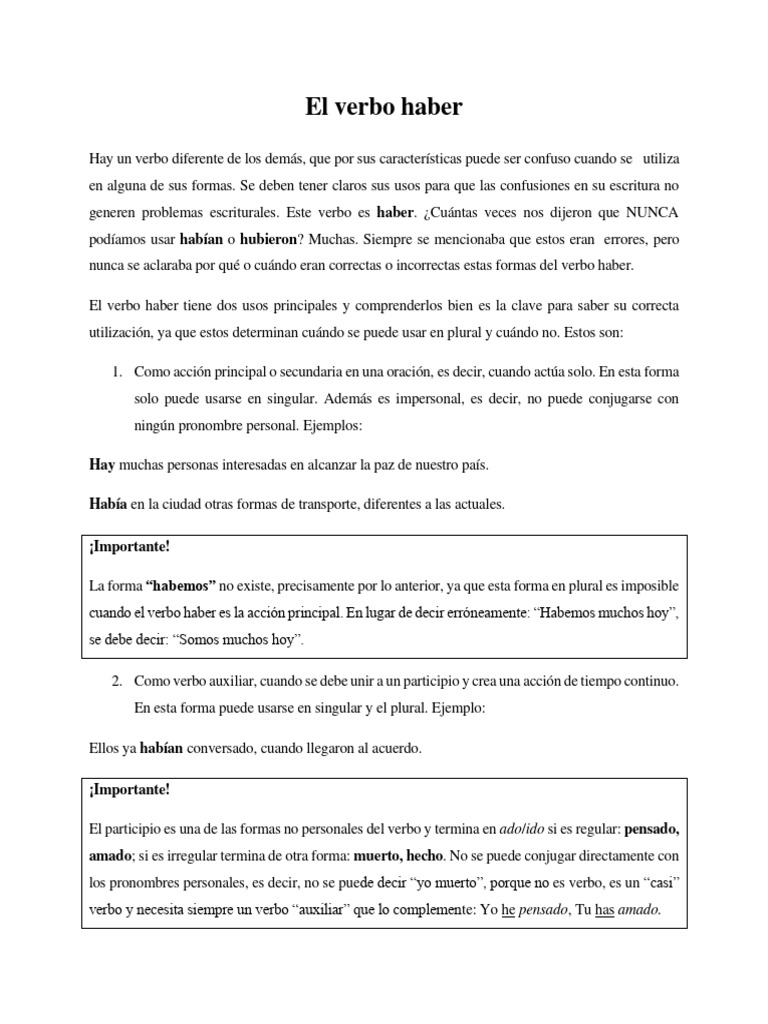 El Verbo Haber - Doc 23 | Descargar gratis PDF | Verbo | Plural