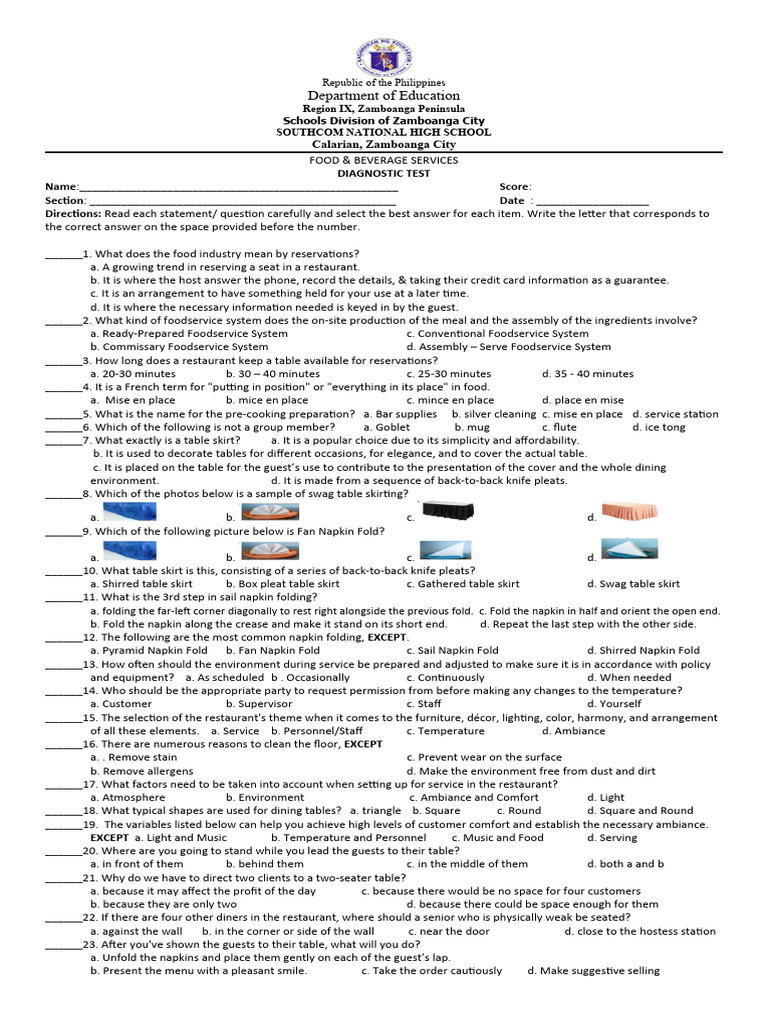 FBS Diagnostic Test Q1 | PDF | Menu | Tableware