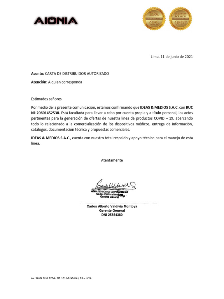 Carta de Distribuidor Autorizado AIONIA | PDF