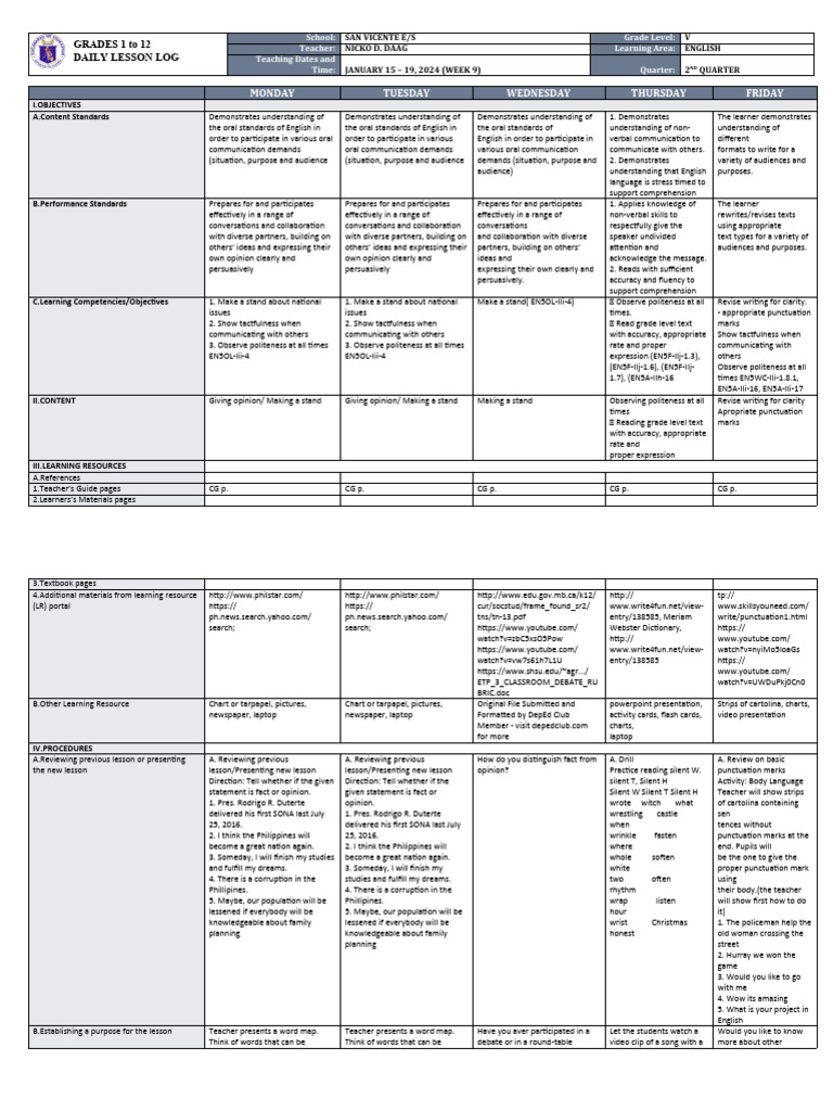 DLL_ENGLISH 5_Q2_W9 | PDF | Communication | Learning